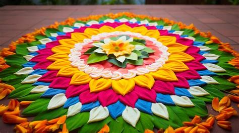Premium Ai Image Marigold Flower Rangoli Design For Diwali Festival