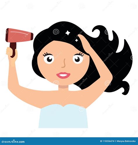 Woman Drying Her Hair With Hairdryer Girl Uses A Blowdryer Back View