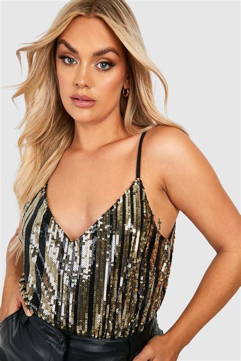 Womens Gold Plus Sequin Stripe Wrap Bodysuit Boohoo Uk