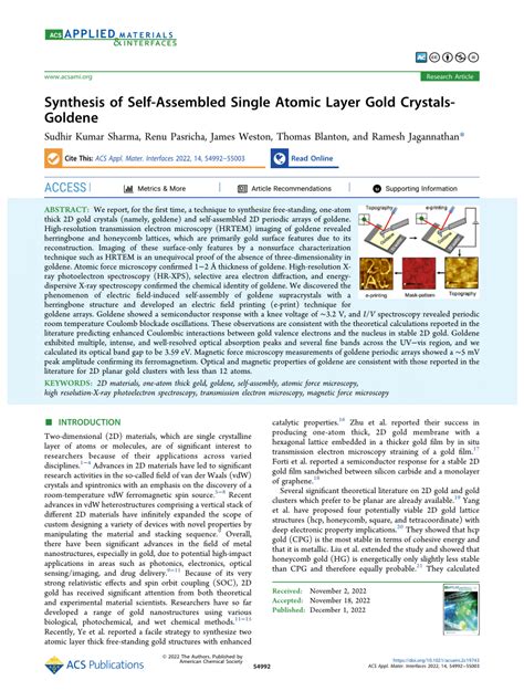 Pdf Synthesis Of Self Assembled Single Atomic Layer Gold Crystals Goldene