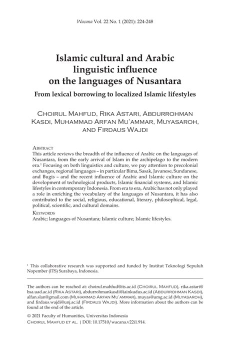 Pdf Islamic Cultural And Arabic Linguistic Influence On The Languages