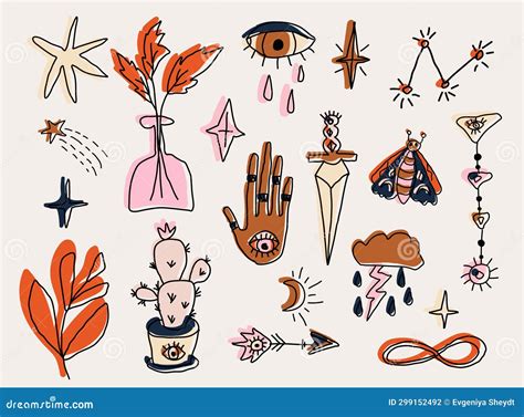 Witchcraft Doodle Set Hand Drawn Collection Halloween And Magic