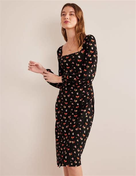 Jersey Midikleid Mit Eckigem Ausschnitt Schwarz Zierliche Zweige