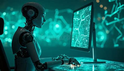 futuristic robot woman working on computer ai technology digital ai