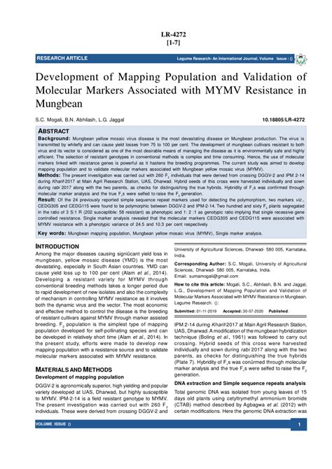 Pdf Development Of Mapping Population And Validation Of Molecular Markers Associated With Mymv