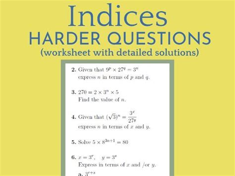 Indices Harder Questions Worksheet With Detailed Solutions Teaching