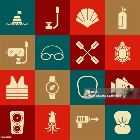 진주 물고기 거북이 가리비 바다 껍질 안경과 모자 다이빙 마스크 스노클링 부표 와 패들 아이콘으로 쉘을 설정합니다 벡터 경쟁에 대한 스톡 벡터 아트 및 기타 이미지 Istock