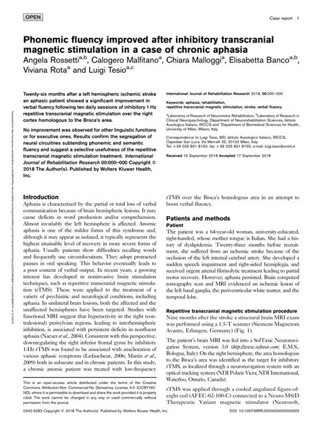 Pdf Phonemic Fluency Improved After Inhibitory Transcranial Magnetic Stimulation In A Case Of