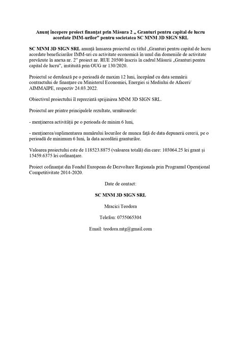 Anunţ începere proiect finanţat prin Măsura 2 Granturi pentru capital