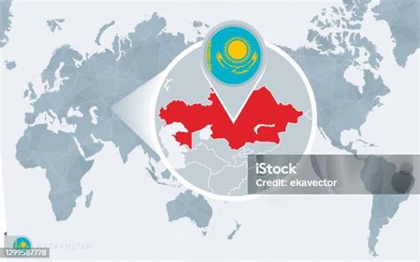 太平洋中心世界地圖與放大的哈薩克哈薩克國旗和地圖向量圖形及更多世界地圖圖片 世界地圖 亞洲 亞洲中部 Istock