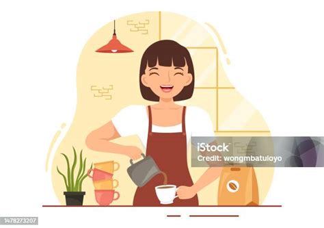바리스타 그림 평면 만화 손으로 그린 랜딩 페이지 또는 웹 배너 템플릿에서 고객을 위해 커피를 만드는 스탠딩 앞치마를 입고 있다 고객에 대한 스톡 벡터 아트 및 기타 이미지