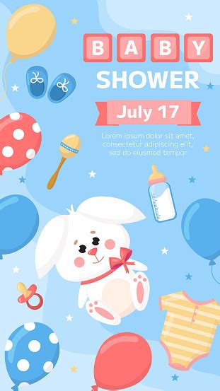 벡터 베이비 샤워 초대장 템플릿 포스터입니다 풍선 젖먹이 파란색 배경에 병이 있는 만화 유치한 장난감 흰 토끼 수직 배경 전단지 행사 브로셔 0명에 대한 스톡 벡터 아트 및