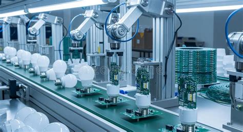 Automated Assembly Line With Robotic Arms Manufacturing Led Bulbs In A