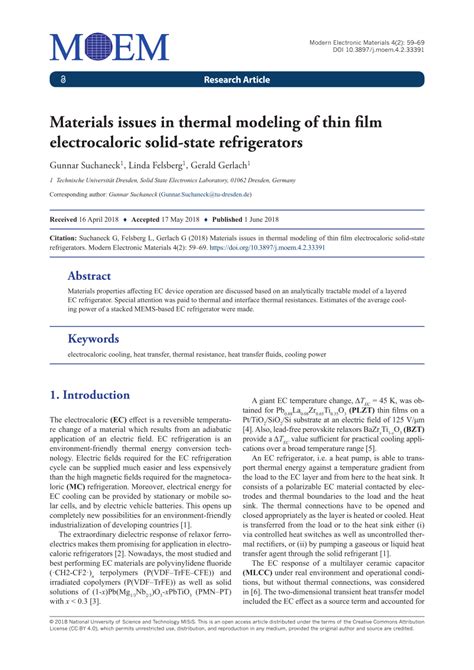 Pdf Materials Issues In Thermal Modeling Of Thin Film Electrocaloric Solid State Refrigerators