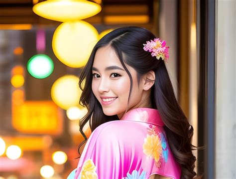 A Woman In A Kimono With A Flower In Her Hair Premium AI Generated Image