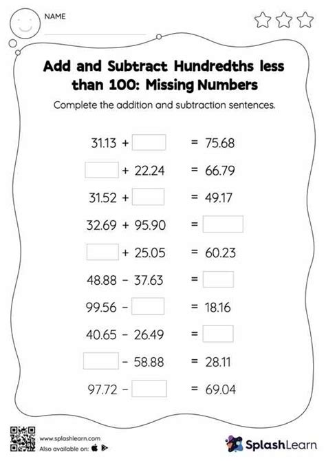 Add And Subtract Hundredths Less Than 100 Missing Numbers Worksheet