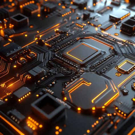 Glowing Circuit Board With Orange Led Lights And Electronic Components