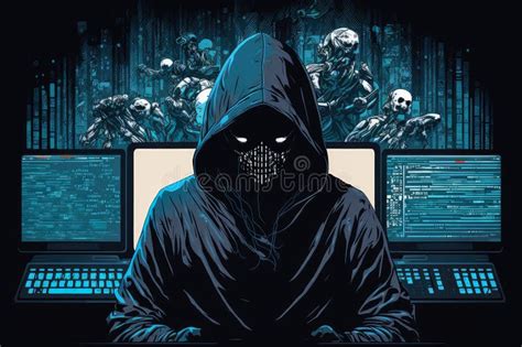Dark And Mysterious Illustration Of A Masked Hacker Typing Away At A