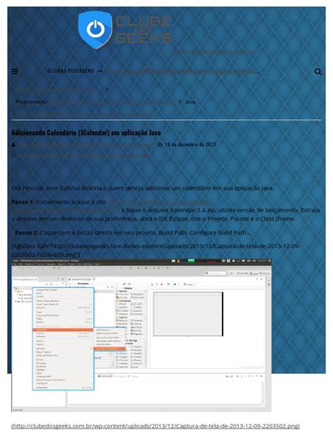 Adicionando Calendário Jcalendar Em Aplicação Java Clube Dos Geeks Pdf Software De