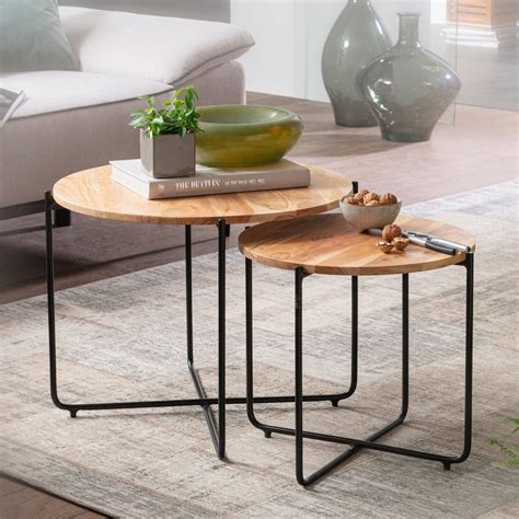 Möbelando Couchtisch Couchtisch Set Akazie Massivholz Metall Sofatisc