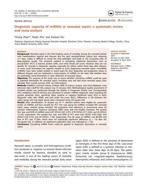 Pdf Diagnostic Capacity Of Mirnas In Neonatal Sepsis A Systematic