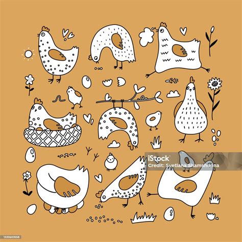 귀여운 만화 수탉 닭고기와 암탉 가족 컬렉션 색상 배경에 낙서 스케치 스타일로 설정 팜 스티커 보육 어린이 의류 포스터 엽서용