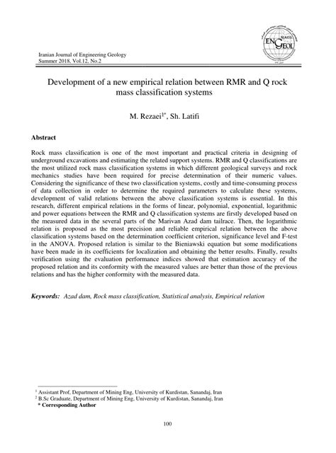 PDF Development Of A New Empirical Relation Between RMR And Q Rock Mass Classification Systems