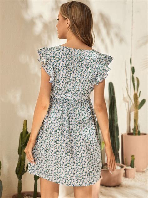 SHEIN Maternity Ditsy Floral Surplice Neck Ruffle Armhole Belted Dress