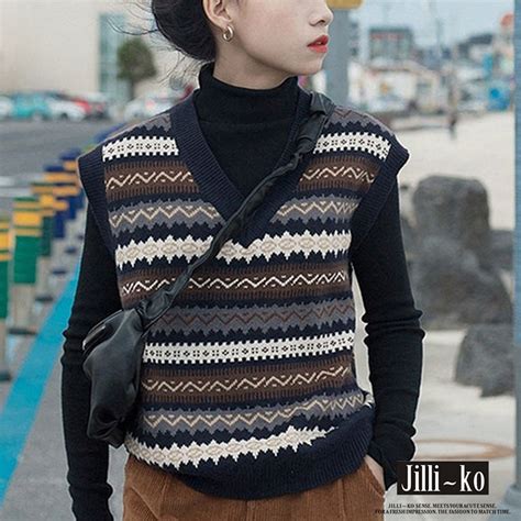 Jilli Ko 復古圖紋針織馬甲背心 圖片色 針織背心 Yahoo奇摩購物中心
