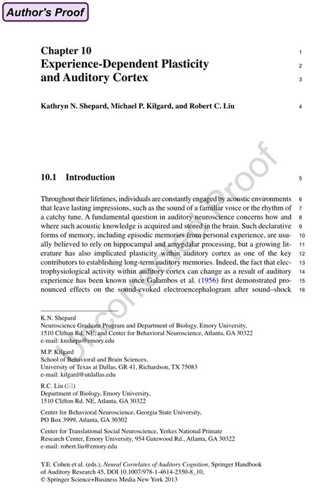Pdf Experience Dependent Plasticity And Auditory Cortex
