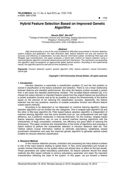 Pdf Hybrid Feature Selection Based On Improved Ga For The Intrusion