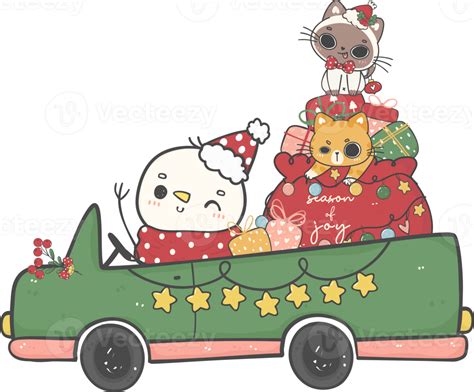 Cute Snowman Santa And Cats In Christmas Car Cartoon Doodle Hand Drawn