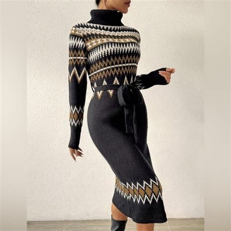 Dresses Black Geo Pattern Turtleneck Belted Sweater Dress Poshmark