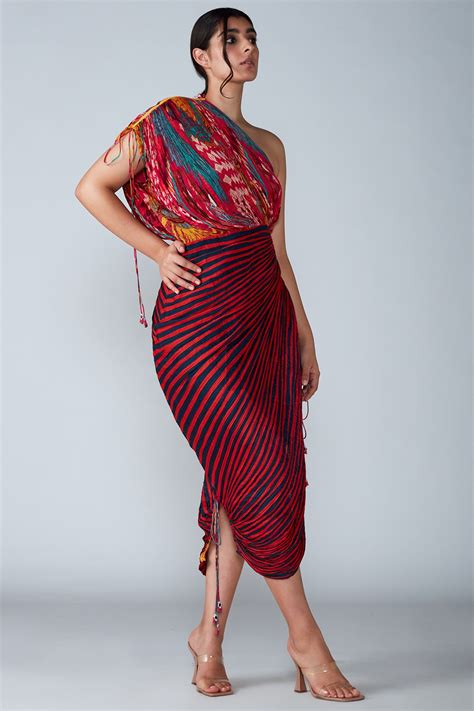 Multi Colored Printed Hand Micro Pleated Saree Dress By Saaksha And Kinni