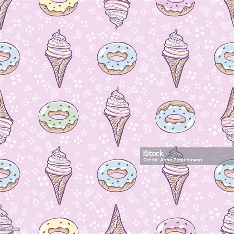 아이스크림 콘와 도넛 달콤한 완벽 한 패턴 벡터를 설정합니다 0명에 대한 스톡 벡터 아트 및 기타 이미지 0명 귀여운