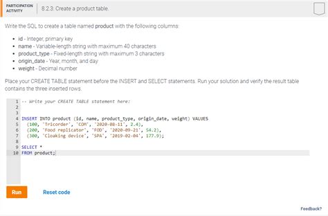 Solved PARTICIPATION ACTIVITY Create A Product Table Chegg