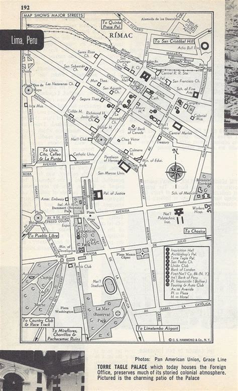Lima Peru Map City Map Street Map 1950s South America Black And