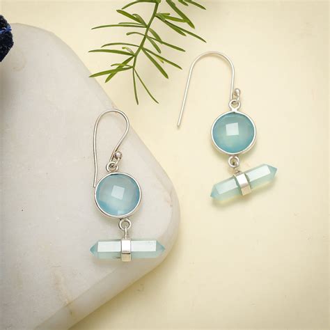 Bezel Set Aqua Chalcedony Sterling Silver Earring Akrati Jewels Inc