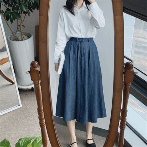 뒷밴딩OK 로아 데님 플레어 롱스커트 청치마 봄 가을 여름 핀턱 사계절 오버핏 루즈핏 빅사이즈 편한 간절기 단추 핀턱 통치마 기본템 러블리룩