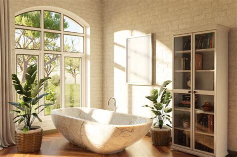 채광이 좋은 아늑한 시골집 욕실의 독립형 욕조 쉴드와 캔버스가있는 최소한의 인테리어 디자인 휴식과 스파 개념 3d 그림 0명에 대한 스톡 사진 및 기타 이미지 Istock