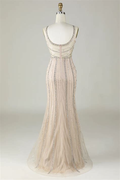 Prom Dresssparkly Champagne Beaded Mermaid Long Prom Dress With Wrap