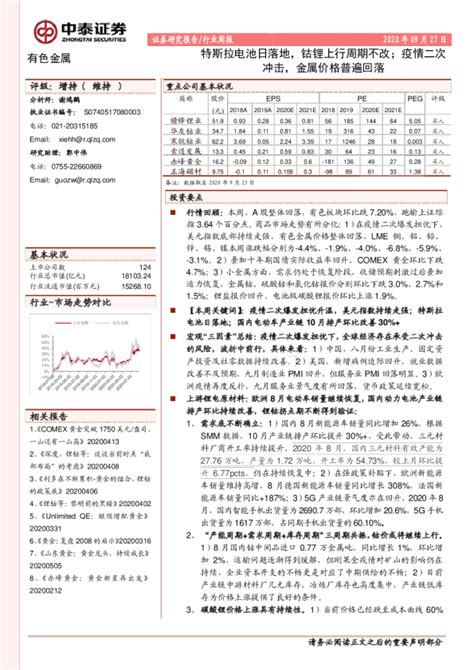 有色金属行业周报：特斯拉电池日落地，钴锂上行周期不改；疫情二次冲击，金属价格普遍回落