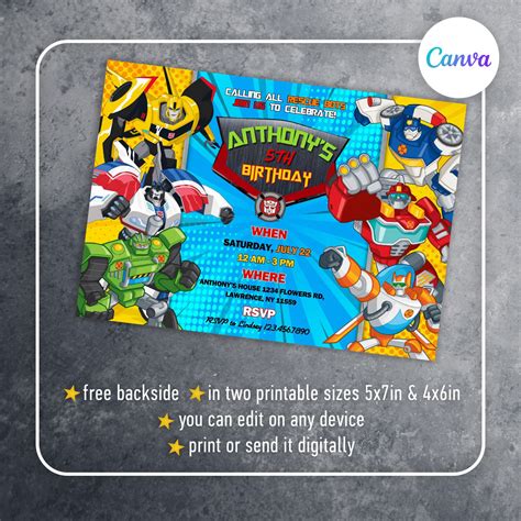 Transformer Invitation Rescue Bots Birthday Invite Optimus Prime