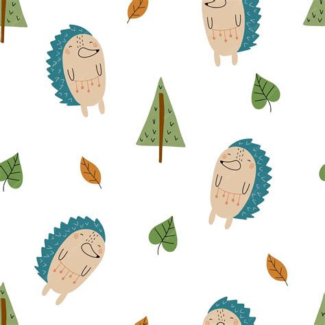 Premium Vector Cute Seamless Pattern With Hedgehog Leaves And Trees