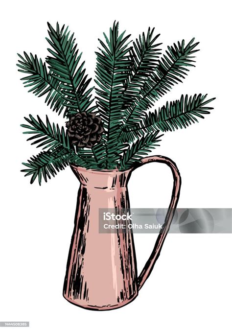 크리스마스 나뭇가지와 우아한 꽃병의 스케치 전나무 나뭇 가지의 꽃다발 손으로 그린 벡터 그림입니다 흰색으로 분리된 빈티지 꽃 클립아트 0명에 대한 스톡 벡터 아트 및 기타
