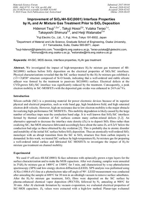Improvement Of Sio2 4h Sic 0001 Interface Properties By H2 And Ar Mixture Gas Treatment Prior