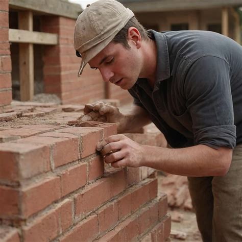 Trabajador De La Construcción Que Coloca Ladrillos Mostrando La Paleta