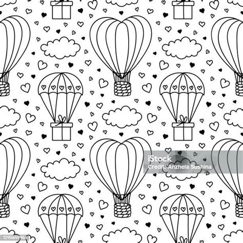 벡터 낙서 사랑 기호 원활한 패턴 하트 모양 열기구 낙하산 선물 구름 마음 발렌타인 데이 홀리데이 배경 검은색에 대한 스톡 벡터 아트 및 기타 이미지 Istock