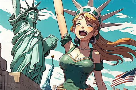 Beautiful Anime Manga Girl In New York City Statue Of Liberty Illustration Stock Photo