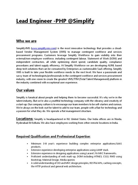 Lead Engineer Php Position To Develop Complex Enterprise Applications For An Innovative Vendor